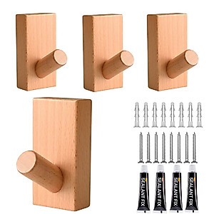 Wooden Wall Mounted Coat Rack, Wooden Coat Hanger Hat Rack, Wall Hooks Hat Rack, for Hanging Coats Clothes Robes Towels Hats, Natural (4PCS Single Hook)