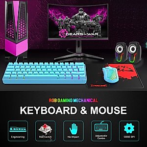 SELORSS ZIYOULANG T60 60% Compact Mechanical Gaming Keyboard RGB Chroma Type C Ergonomic Mini Keyboard UK Layout 12000DPI Gaming Mouse Honeycomb Shell for PC/PS4/PS5/Xbox(Red Switch)