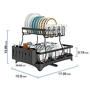 B BEAUTYBABY 2 Tier Dish Drying Rack with Drainboard Dish Racks for Kitchen Counter Dish Drainers Set with Utensils Holder Auto-Drainage Large Capacity Stainless Steel Dish Rack Detachable