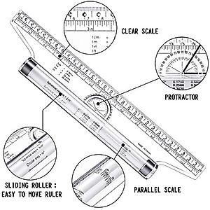 2 Pieces Plastic Measuring Rolling Ruler, Drawing Roller Ruler, Parallel Ruler, Multifunctional Drawing Design Ruler for Measuring, Drafting, Student, School and Office (12 Inch)