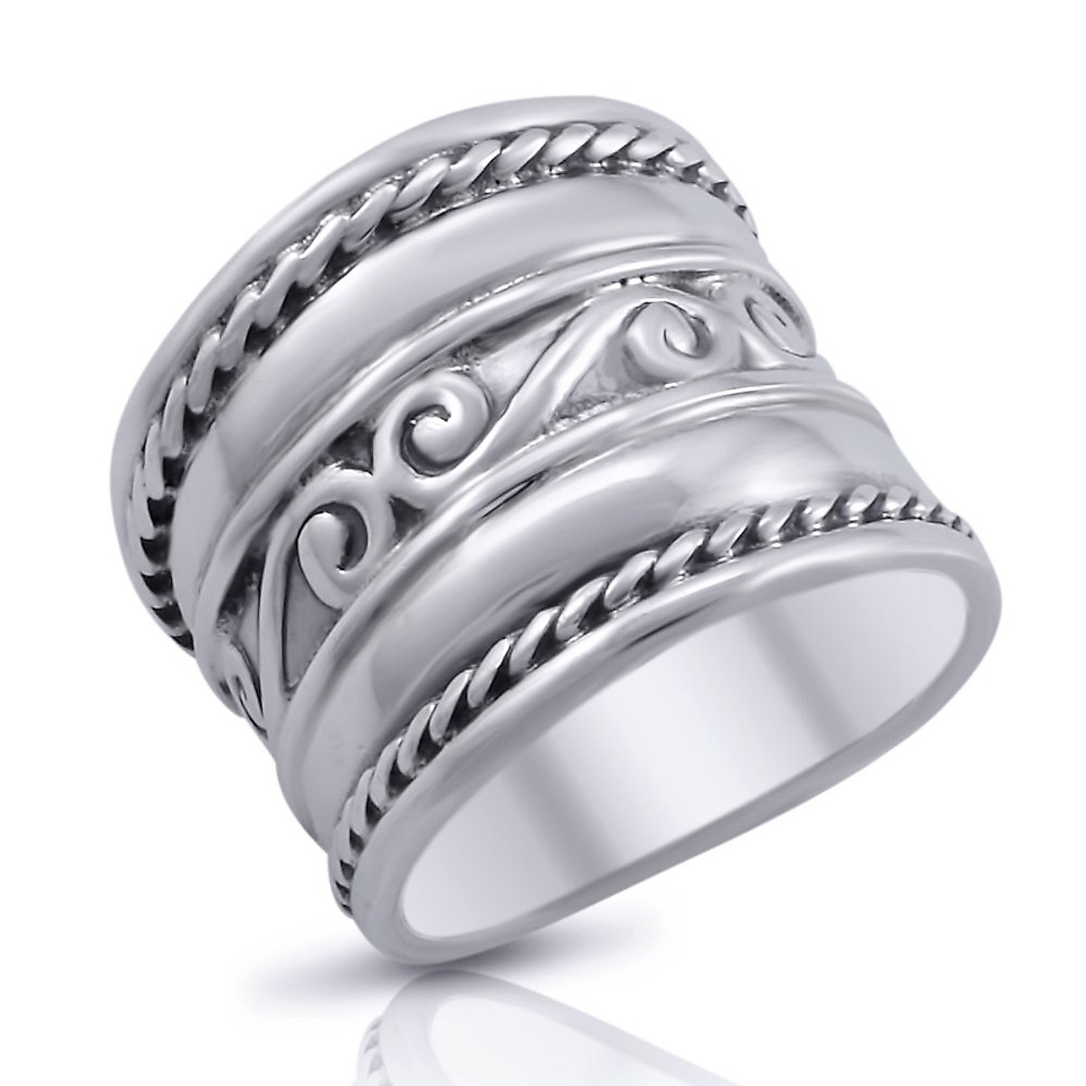 Sterling Silver Bali Spiral Swirl 17mm Wide Cigar Band Ring - Size 10