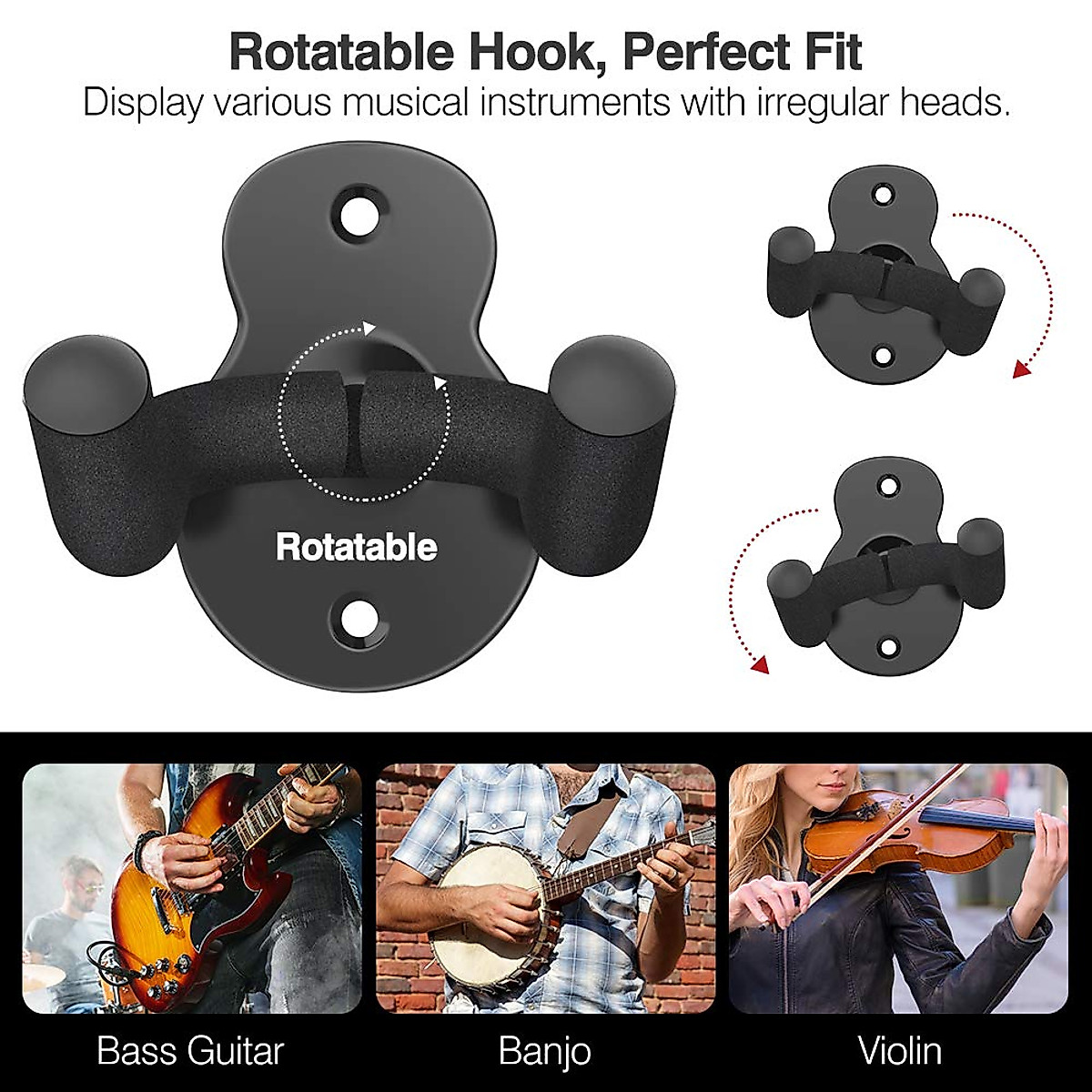 MoKo Guitar Wall Mount Hanger 3-Pack, Guitar Hanger Wall Hook Holder Stand for Bass Electric Acoustic Guitar Ukulele Guitar Wall Hanger Bracket Guitar Hanger for Studio Room - Black
