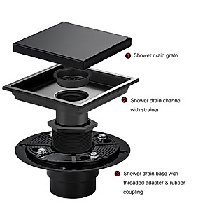 SaniteModar Black Shower Drain, 6 inch Shower Floor Square Drain with Flange, 2 in 1 Panel SUS 304 Stainless Steel Square Shower Drain, Matte Black…