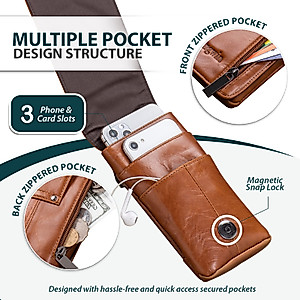 Hengwin Phone Belt Pouch fits for iPhone XR 15 14 13 12 11 Pro S23 Holster Wallet Case with Belt Clip Belt Loop Leather Cell Phone Purse Belt Bag for Men (Fits for Phone with Medium Case on) (Brown)