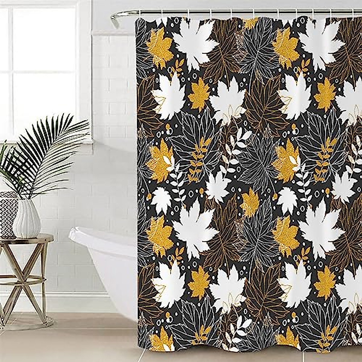 Double Love Autumn Maple Leaves Bathroom Curtain 72 Inch Shower Curtain with Hooks, Waterproof Polyester Bath Curtain Washable Bathtub Curtain Yellow White Gold Leaf Black Backdrop 48''x 72''