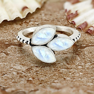 Moonstone 3 Stone Ring 925 Sterling Silver Plated Engagement Ring For Women Handmade Rings Natural Moon Stone June Birthstone Ring Statement Ring For Christmas Size US 5 Mother's Day Gifts For Her