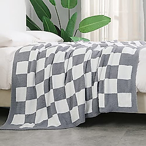 Sunyrisy Throw Blankets Checkered Reversible Plush Fleece Blanket, Super Soft Warm Cozy Throw Blanket for Couch, Decor, Bed, Chair, Knitted Fluffy Blanket, Light Grey 51''x67''