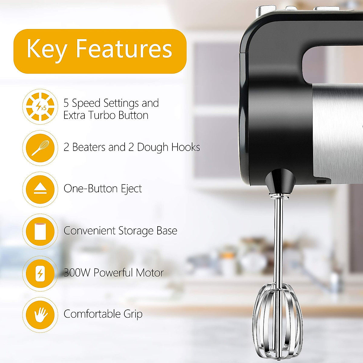 Bear Hand Mixer Electric, 5-Speed 300W Electric Hand Mixer with Turbo and 4 Stainless Steel Accessories for Easy Whipping, Mixing Cookies, Brownies, Cakes, and Dough Batters