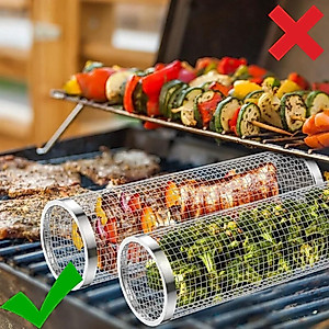 Set of 2 Stainless Steel Rolling Grill Baskets for Outdoor BBQ | Large Mesh Barbecue Cylinder Cages for Vegetables, Fish, and Meats | Camping and Backyard BBQ Accessories | Perfect Gift for Dad, Husband, or Best Friend