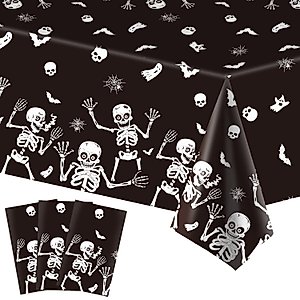 3 Pack Halloween Skeleton Tablecloth, Halloween Tablecloth Party Decorations, Plastic Skull Tablecover Backdrop Background Banner for Halloween Haunted House Party Decoration and Supplies, 54 x108Inch