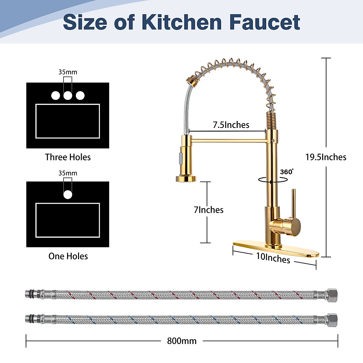 Gold Kitchen Faucet Stainless Steel Pull Down Kitchen Sink Faucet with Spray 1/One Hole Pre-Rinse Spring High- Arc Single Handle Kitchen Faucets for Sink Home Grifo del fregadero de la cocina dorada