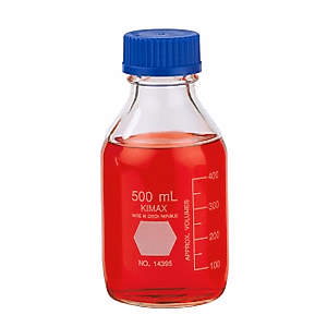 Kimble 14395-500 Borosilicate Glass GL-45 Media/Storage Bottle With Blue Polypropylene Screw Thread Cap, 500mL (Case of 10)