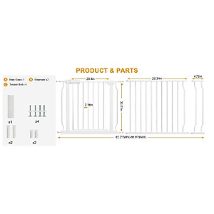 BELABB Extra Wide Baby Gate Tension Indoor Safety Gates White Metal Large Pet Gate Pressure Mounted Walk Through Long Dog Gate for The House Doorways Stairs (62.2 Inch-66.9 Inch/158cm-170cm, White)
