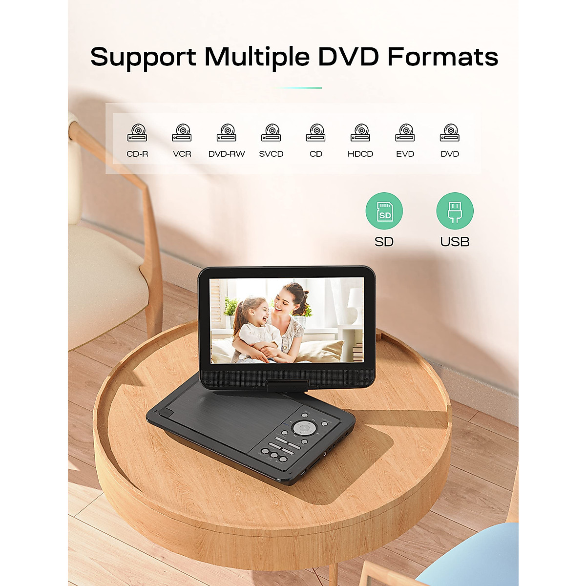 YOTON 12.5" Portable DVD Player for Car, portable DVD player for kids with 10.5" HD Swivel Screen, 1.8m Car Charger, Rechargeable battery, Support 4-6 Hours play time, USB/SD Card[Not Support Blu-Ray]