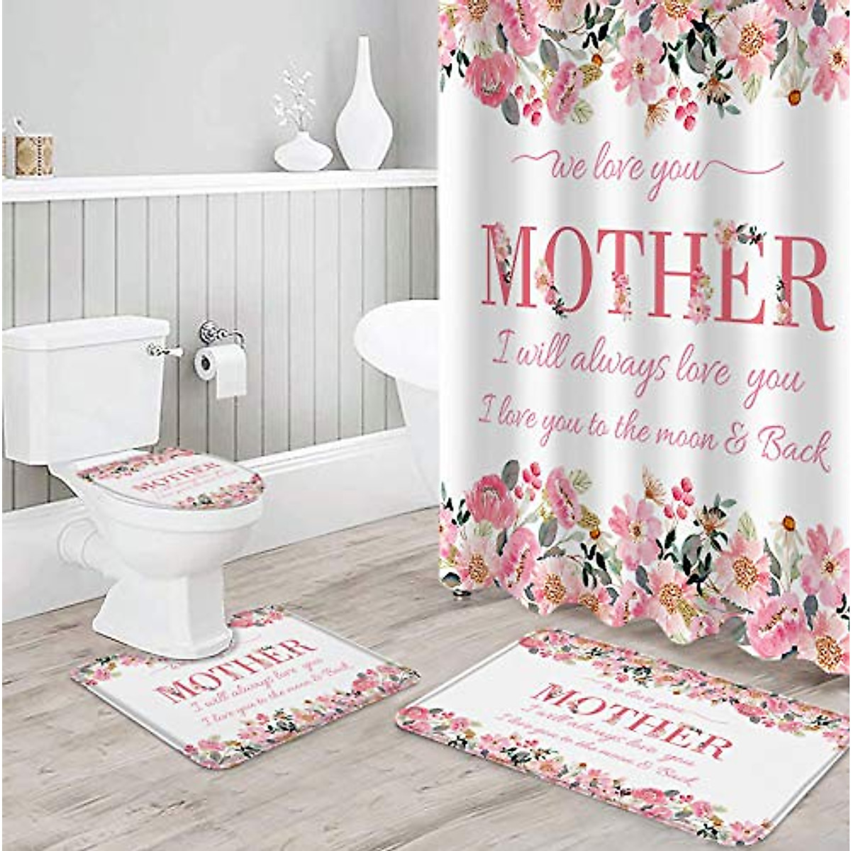 Sabolny 4Pcs Bath Set Home Decor, Watercolor Pink Rose Happy Mother's Day Bathroom Waterproof Shower Curtain with Hook, Non-Slip Rugs, Toilet Lid Cover and U-Shaped Bath Mat
