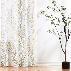 FMFUNCTEX Print Yellow Grey White Curtains for Living Room Linen Textured Tree Branches Pattern Window Treatment Set for Bedroom Window Drapes 50" W x 96" L - (2 Panels) Rod Pocket