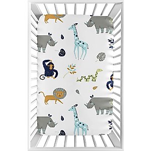 Sweet Jojo Designs Turquiose and Navy Blue Safari Animal Baby Boy or Girl Unisex Fitted Mini Portable Crib Sheet for Mod Jungle Collection - for Mini Crib or Pack and Play ONLY