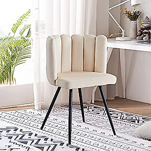 CLIPOP Living Room Barrel Accent Chair, Modern Velvet Kitchen Dining Chair, Vanity Chair with Metal Leg, Scalloped Silhouette, Cozy and Soft Padded, Armless Leisure Makeup Chair for Bedroom, Cream