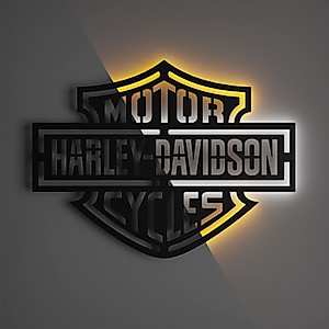 Harley Davidson Wall Sign - Led Illumination - Garage Sign - Wall Art Orange White (20x15") (20x15")