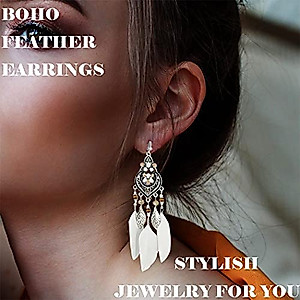 VFlowee Bohemian Earrings Feather Tassel Silver Ethnic Drop Earrings Retro Boho Dangle Earring Bead Women Teen Girls Jewelry for Birthday Party Gifts