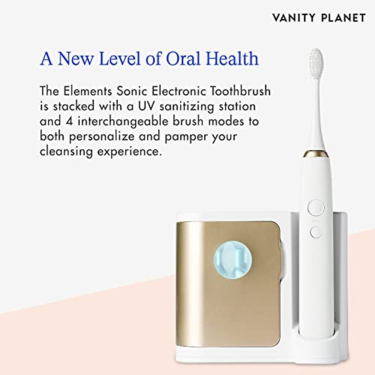 Vanity Planet Elements Ultrasonic Electric Toothbrush - Gold - Advanced Oral Care with UV Sanitizing Charger Base with 3 Replacement Heads - 99.9% Effective Keeping Your Teeth Clean