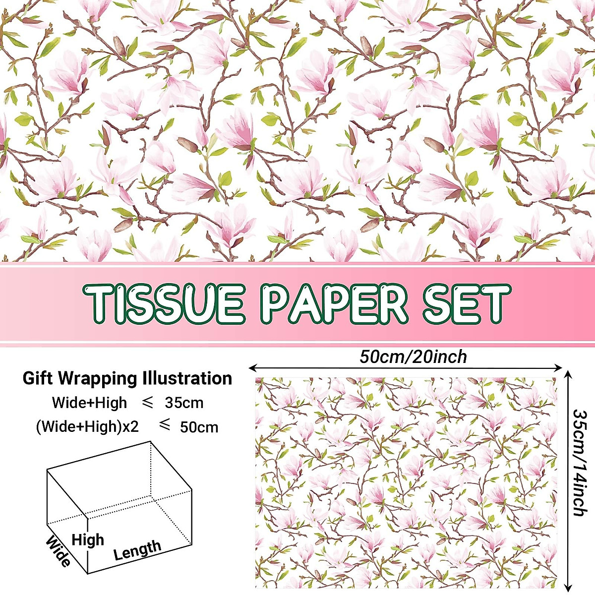 100 Sheets Pink Magnolia Flowers Printed Tissue Paper Floral Pattern and Leaves Art Decorative Tissue for Gift Wrapping Supplies
