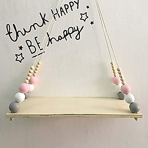Baost Nordic Wood Beads Wall Hanging Shelf Board Wood Jute Rope Floating Shelves Hanging Storage Shelves Kids Room Nursery Wall Display Shelves Bedroom Organizer Pink White Grey