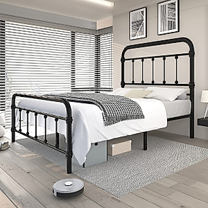 Macbimony Queen-Bed-Frame with headboard Giselle-Vintage Antique-Metal - Platform Mattress Foundation,49 inch High,No Box Spring Needed(Black)