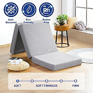 Olee Sleep Tri-Folding Antibacterial Memory Foam Mattress Topper, 4 Inch Copper Bamboo Gel Folding Mattress, Washable Cover, CertiPUR-US Certified, Soft, Grey, Single Size