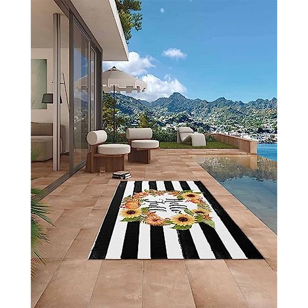 Outdoor Area Rug for Patio,Fall Thanksgiving Sunflower Pumpkin Camping Rugs Indoor Large Floor Mat 4x6ft,Leaf Berry Black White Stripe Outside Carpet for Deck RV Picnic Porch Backyard Bedroom
