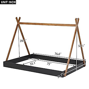 RORIGAT Full Floor Bed for Kids,Full Teepee Bed Frame with Triangle Structure,Wood Floor Bed for Bedroom Furniture,Box Spring Not Required，Black+Brown