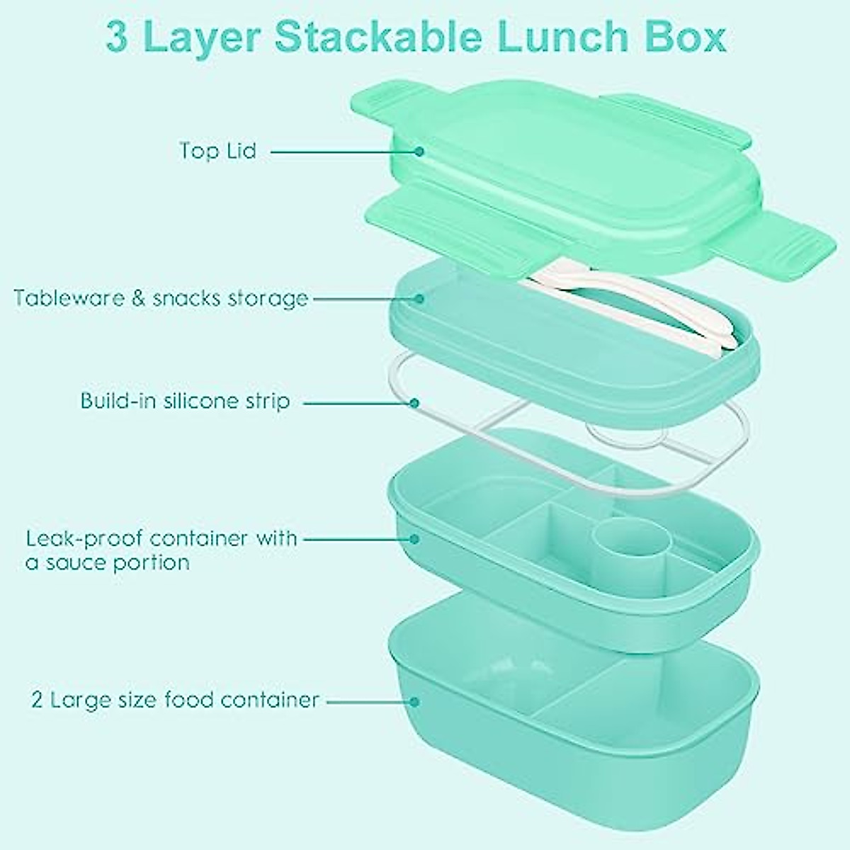 LEITAO Bento Box Adult Lunch Box, 3 Layer Lunch Containers for Adults/Kids/Toddler, 8 Compartments Bento Lunch Box with Utensil Set, BPA Free, Microwave & Dishwasher Safe, Lead-Proof Lunchbox/Teal