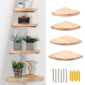 Gulfmew Wooden Corner Shelves Set of 4 Sizes Floating Corner Shelves for Wall Wood Round End Corner Wall Shelves Rustic Wall Mounted Corner Shelves for Bedroom, Living Room, Bathroom, Kitchen