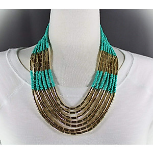 Turquoise Gold 7-Strand Layered Bib Beaded Necklace Statement Piece For Women