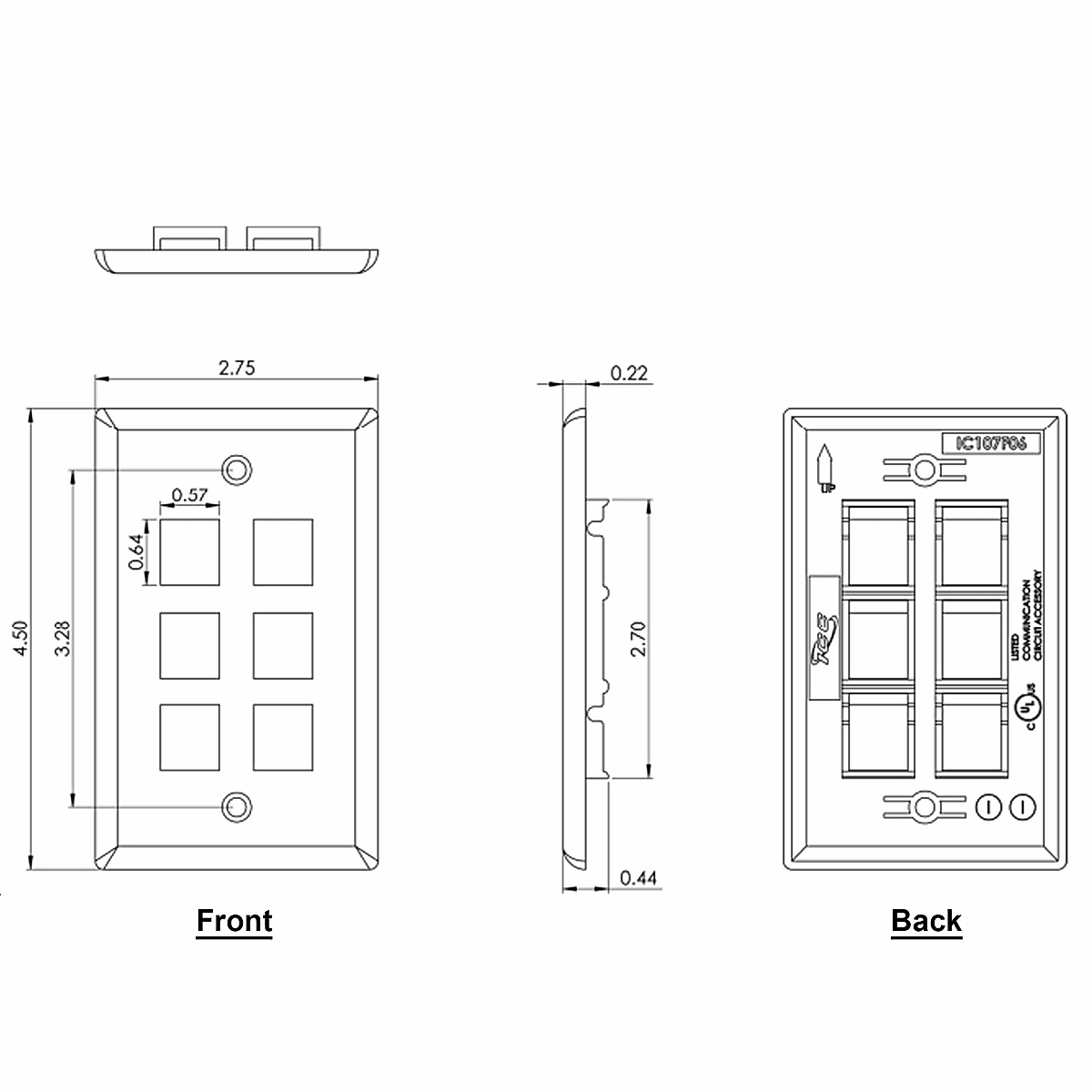 ICC 6-Port Faceplate for Keystone Connectors, Single Gang Outlet Box, Wall Plate for Networking and Home Installations, Durable and Easy to Install, Black, Single