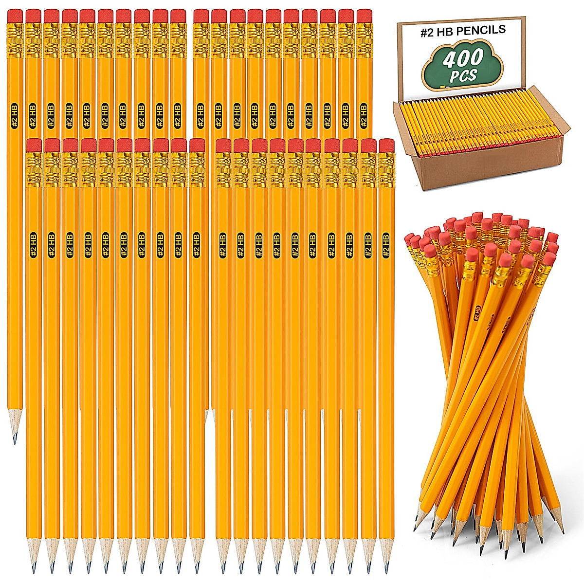 IKAYAS 400 Pack #2 HB Pencils Bulk Yellow Sharpened Pencils #2 with Erasers for Kids, 2 Pre-sharpened pencils number 2 pencils for classroom office Supplies, Writing, Drawing and Sketching