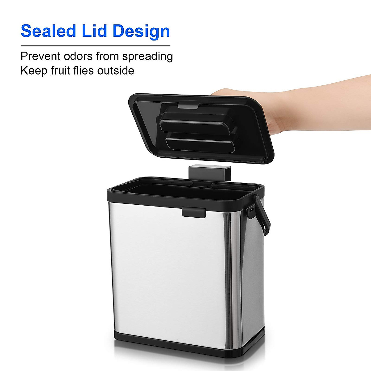 0.8GAL Compost Bin Indoor Kitchen Sealed by SUBEKYU, Stainless Steel Small Hanging Trash Can with Lid for Cabinet Door, Metal Compost Bucket and Garbage Can for Under Sink/Wall Mounted/Countertop