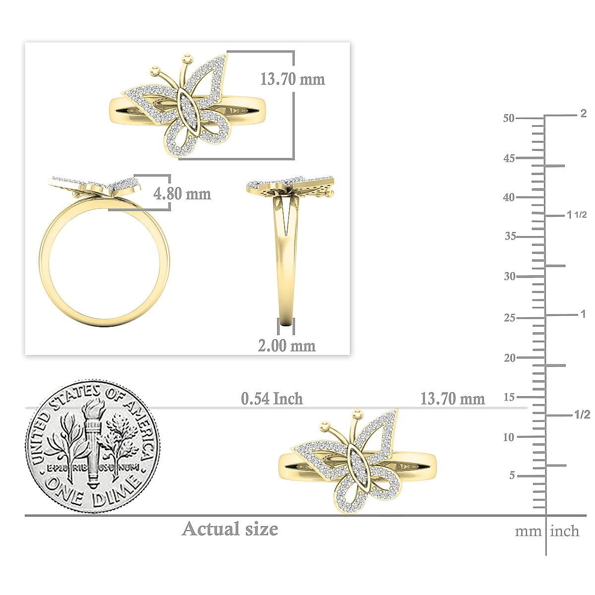 Dazzlingrock Collection 0.20 Carat (ctw) 14K Round Diamond Cocktail Right Hand Butterfly Ring 1/5 CT, Yellow Gold, Size 9