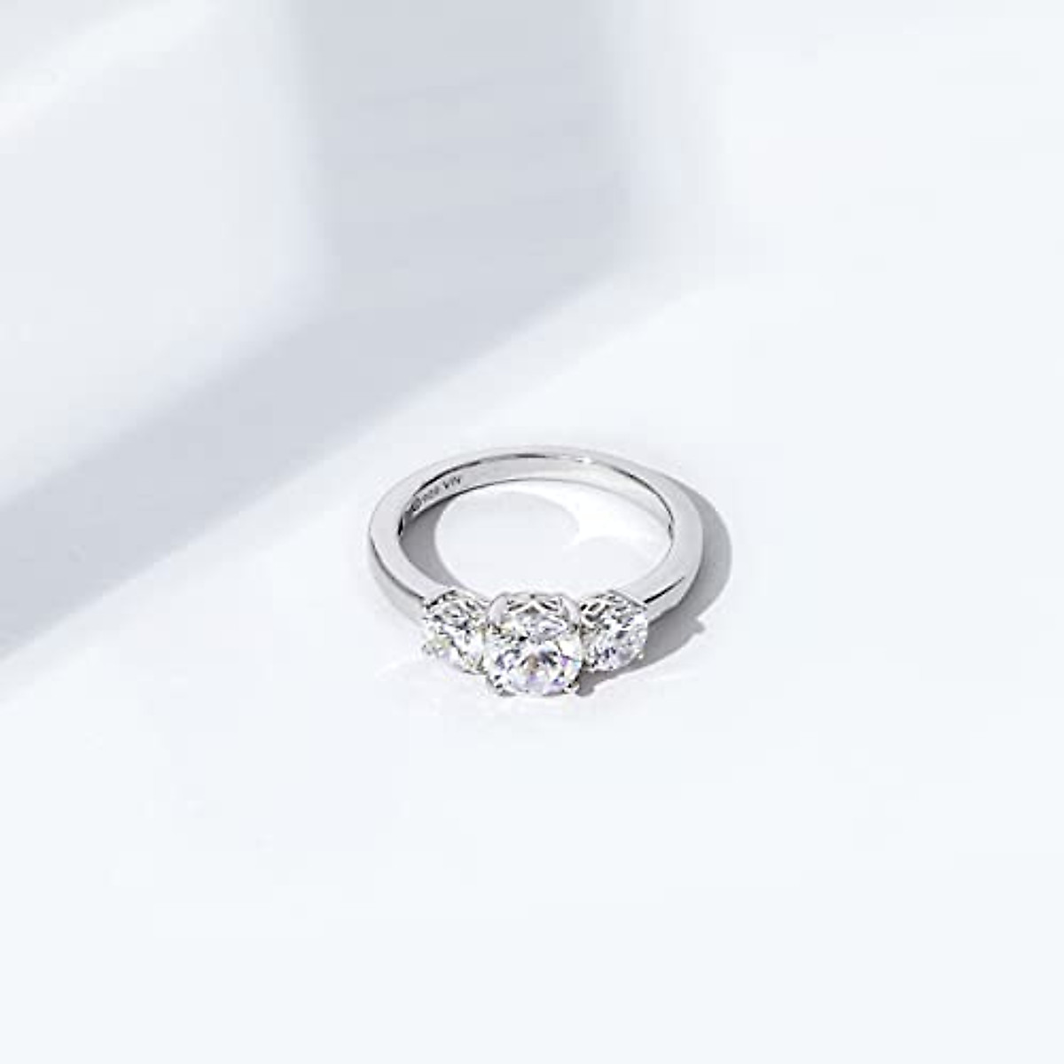 Amazon Essentials Platinum-Plated Sterling Silver Round 3-Stone Ring made with Infinite Elements Cubic Zirconia (2 cttw), Size 6 (previously Amazon Collection)