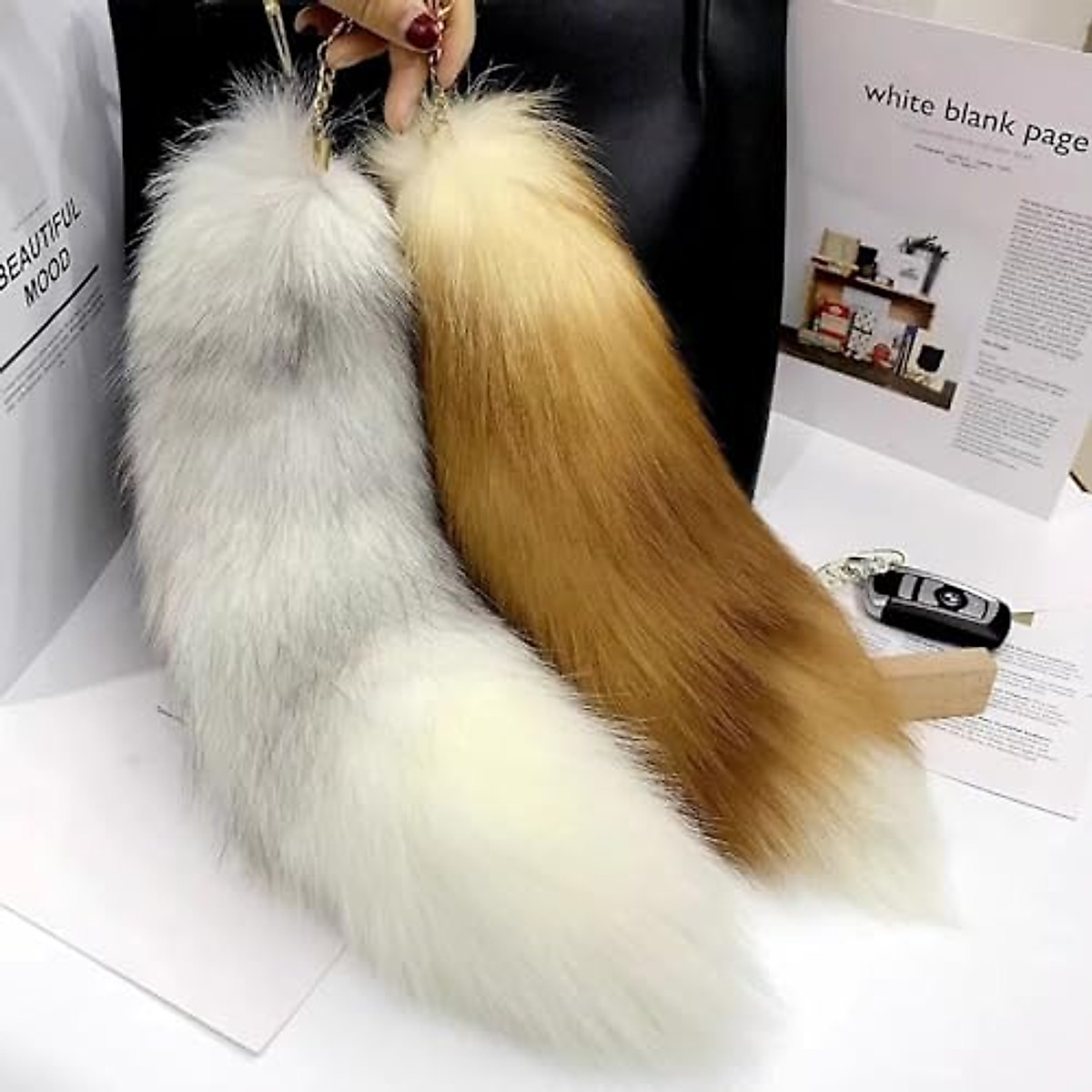Alpertie Fluffy Real Fox Fur Tail Keychain Tassel Bag Cosplay Tails Charm Handbag Accessory Hook Pendant(Gold)
