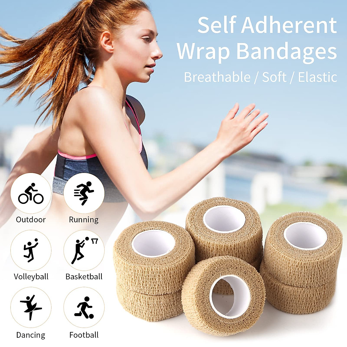 6pc-1 Inch Wide Skin Colour Elastic Self- Adhesive Bandage Finger Tape,Wrap Bandages, for Wrist and Ankle Sprains & Swelling
