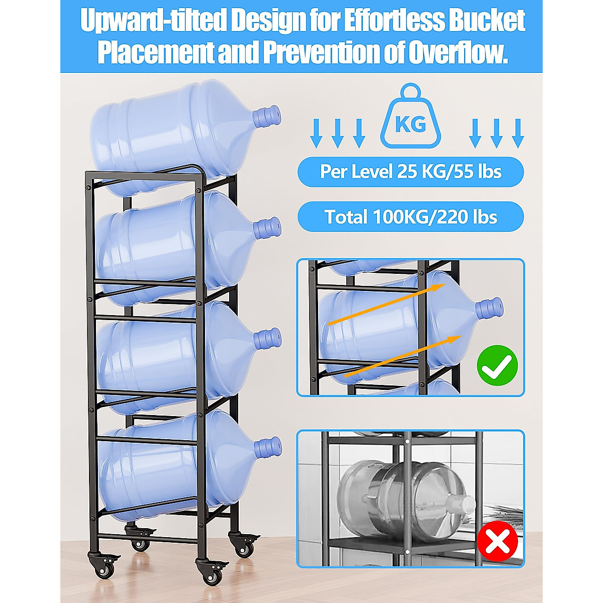 5 Gallon Water Jug Holder, Moveable 4 Tier Heavy Duty Water Rack with 4 Wheels, Rack for Water Jug Storage, Space Saving Water Stand for Four 5 Gallon Water Jugs, Black