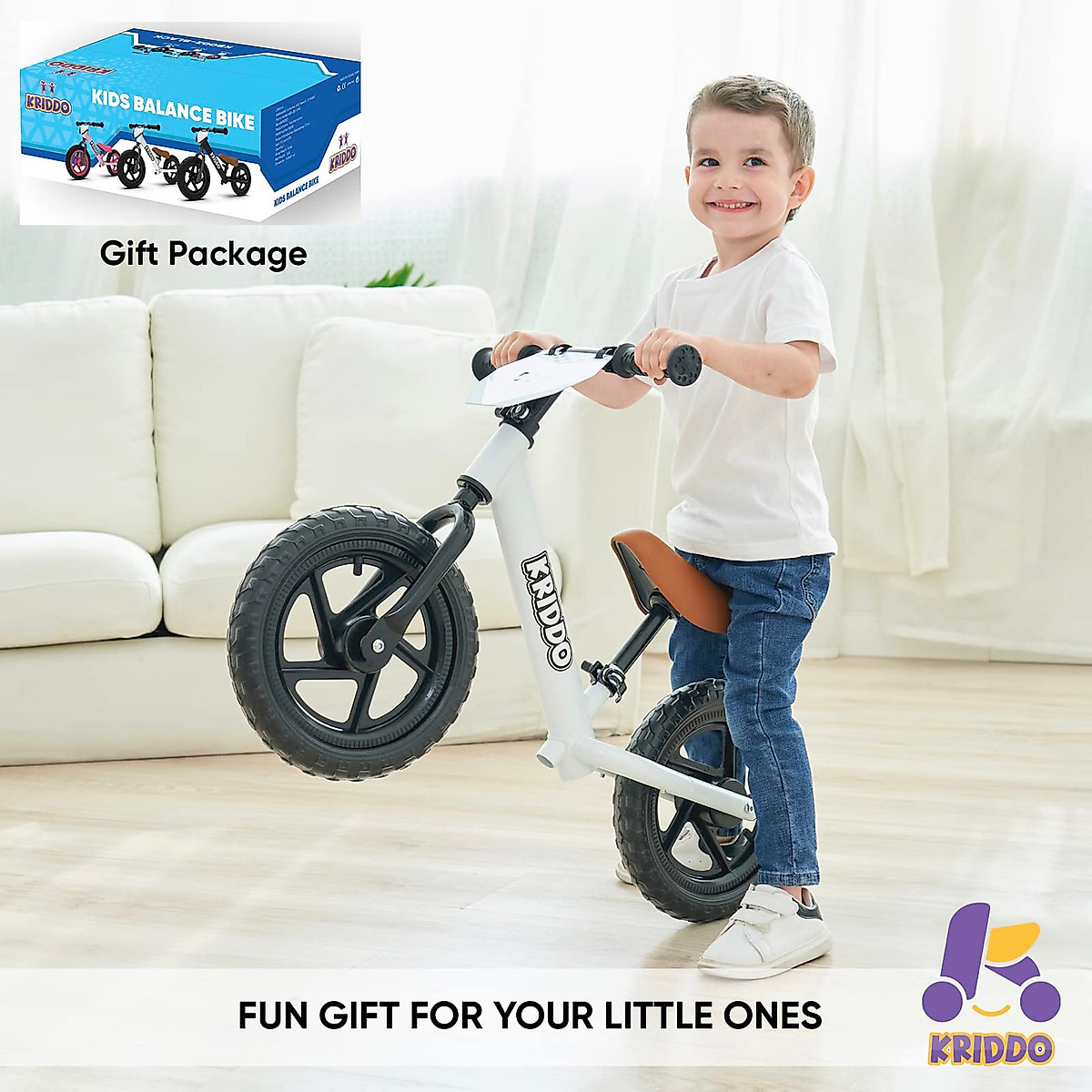 KRIDDO Toddler Balance Bike 2 Year Old, Age 18 Months to 5 Years Old, 12 Inch Push Bicycle with Customize Plate (3 Sets of Stickers Included), Steady Balancing, Gift Bike for 2-3 Boys Girls, WH