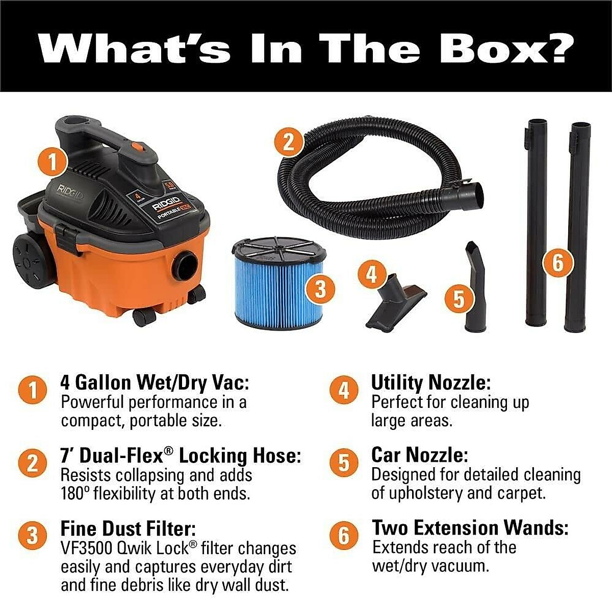 TELES Wet Dry Vacuums with Rear Wheels, 5.0 Peak HP, 4-Gallon Wet Dry Vacuum Cleaner with Tool Kit Casters Powerful Cartridge Filter