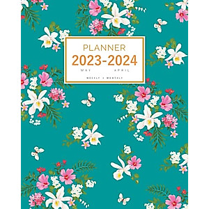 Planner May 2023-2024 April: 8x10 Weekly and Monthly Organizer Large | Tropical Orchid Butterfly Design Teal
