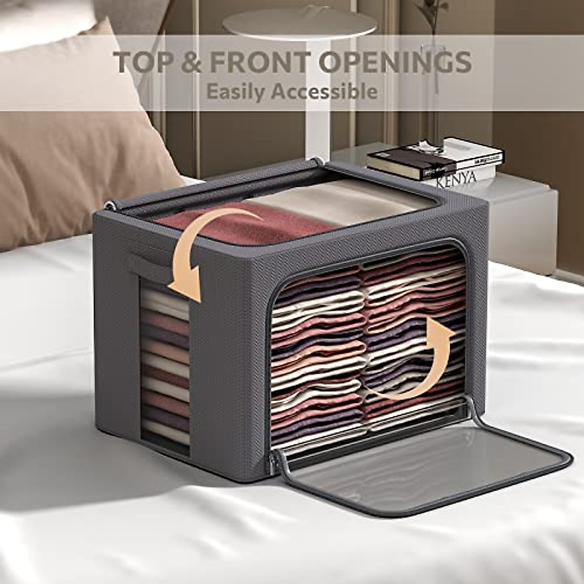 3Pack Stackable Clothes Storage Bins - Oxford Frame Storage Box Foldable Clothing Storage Container Organizer Set with Clear Window & Carry Handles Large Capacity (Dark Gray, Small-22L)