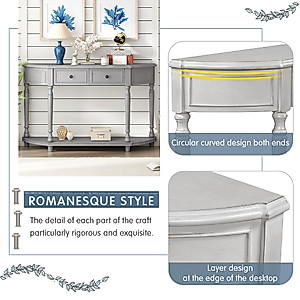Beardslee Retro Console Table,52" Circular Curved Design Sofa Table with Open Style Shelf & Two Top Drawers,Solid Wooden Frame and Legs,Entryway Table for Hallway, Living Room (Gray Wash)