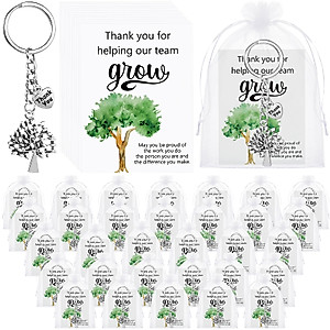 Landical 50 Sets Team Appreciation Gifts Tree Keychains Thank You Card Organza Bag Good Luck Keychain for Employee Coworker