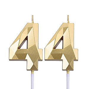 2 inch Gold 44 Birthday Candles, 3D Diamond Number 44th Cake Topper for Boys Girls Birthday Party Decorations Theme Party