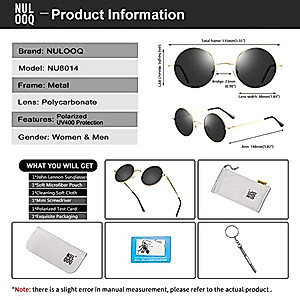 NULOOQ Retro Round Polarized Sunglasses for Women Men Small Metal Frame Circle Hippie Glasses (Gold/Gray)